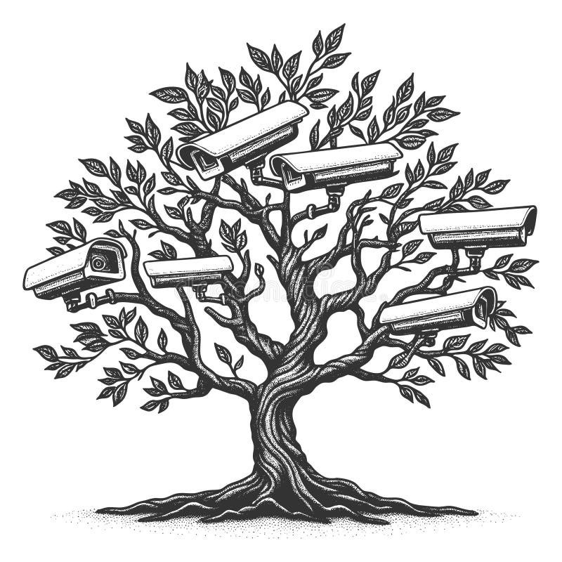 Tree with Security Cameras Engraving Vector Stock Vector - Illustration ...