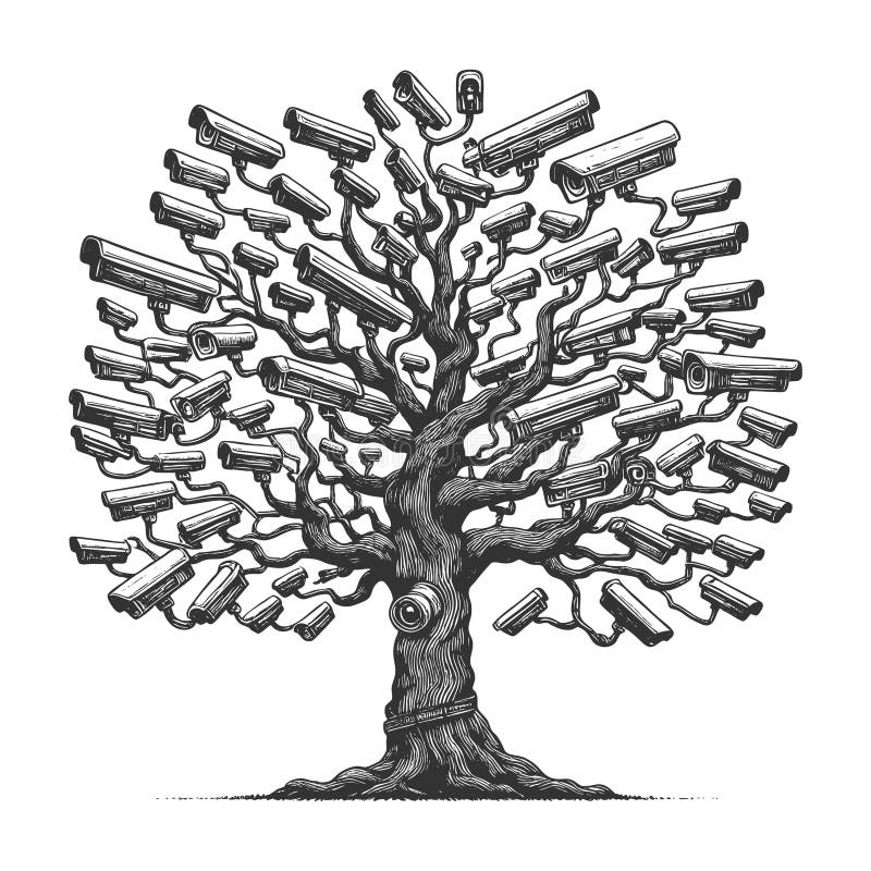 Tree with Security Cameras Engraving Vector Stock Vector - Illustration ...