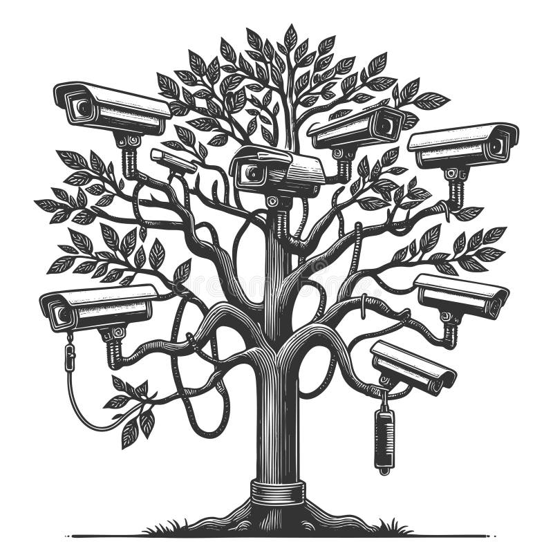 Tree with Security Cameras Engraving Vector Stock Vector - Illustration ...