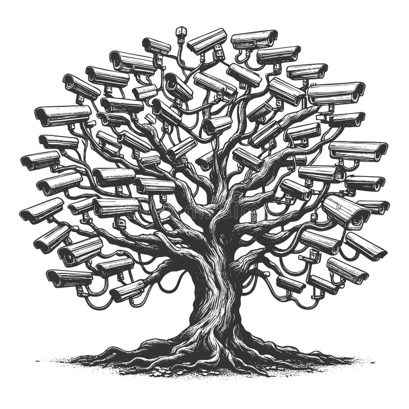 Tree with Security Cameras Engraving Vector Stock Illustration ...