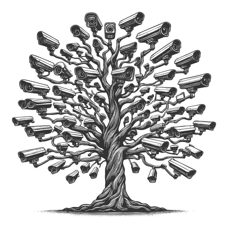 Tree with Security Cameras Engraving Vector Stock Illustration ...