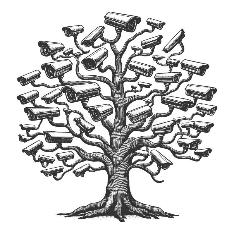 Tree with Security Cameras Engraving Vector Stock Vector - Illustration ...