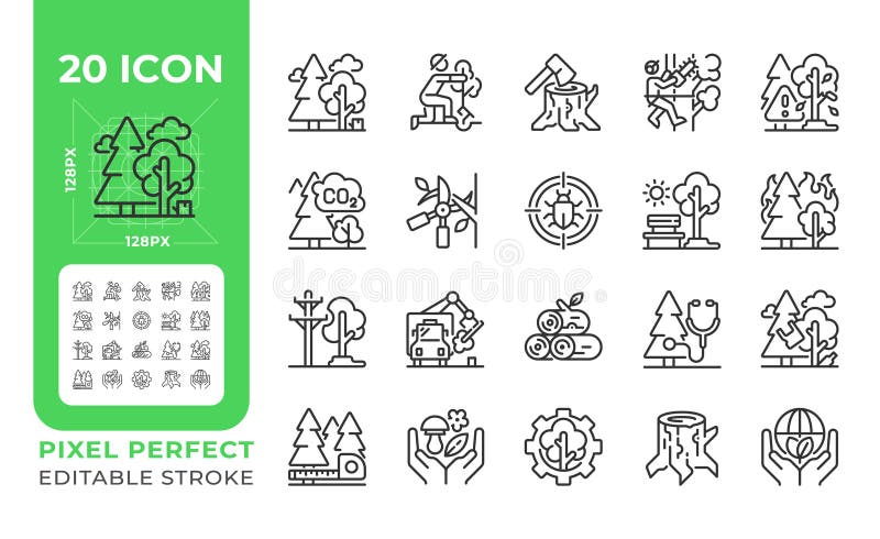 Tree Services Linear Icons Set Stock Illustration - Illustration of ...