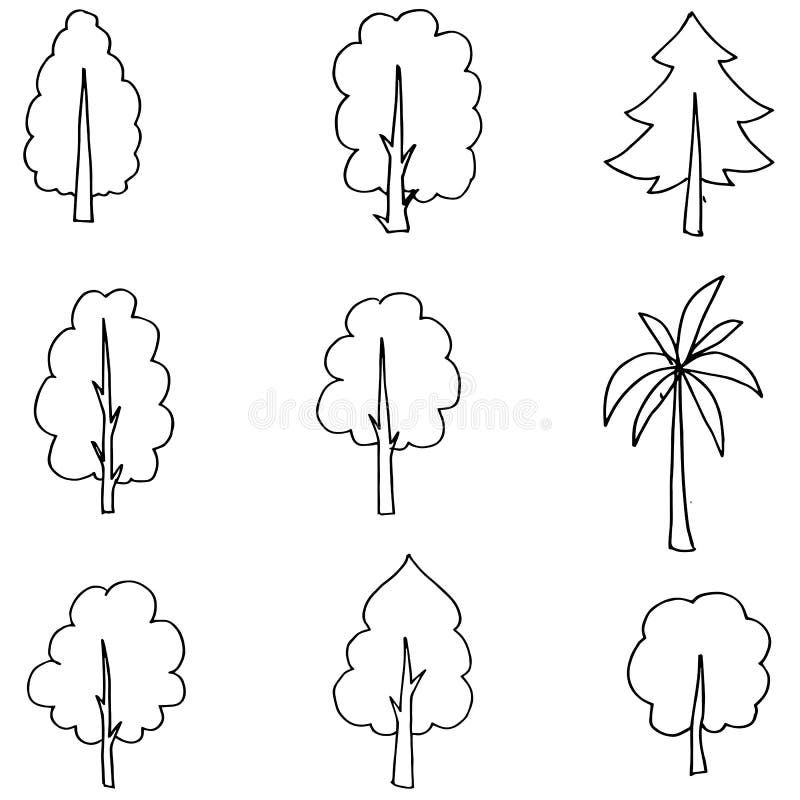 Tree Set Hand Draw on Doodle Stock Vector - Illustration of isolated ...