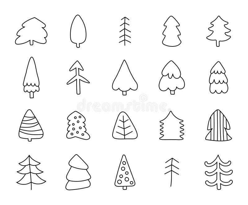 Tree Set Outline Line Art Featuring Forest Plants Stock Vector ...