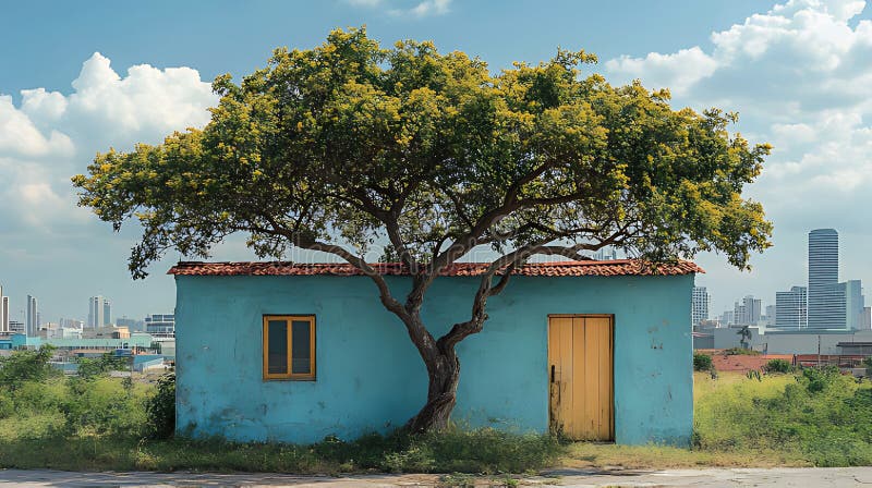 Tree Shading Blue House, City Backdrop, Sunny Day, Rural Setting Stock ...