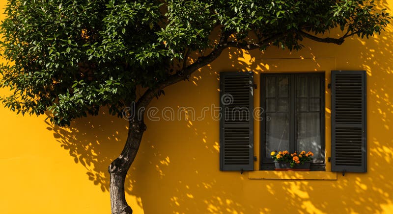Tree Shadow on Yellow Wall with Window, Flower Boxes, and Shutters in ...