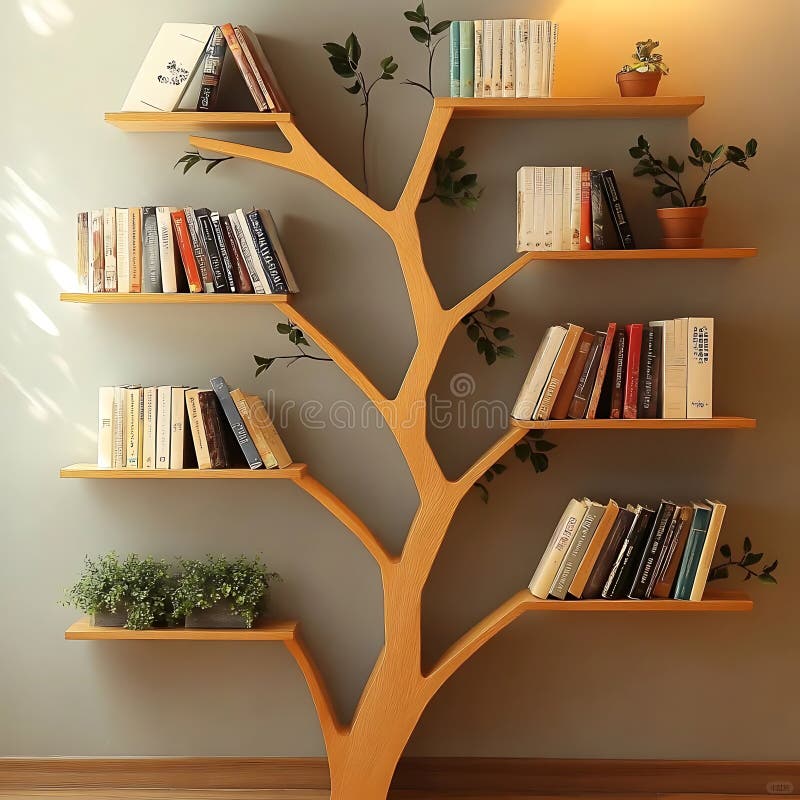 Tree Shaped Bookshelf Displaying Various Books and Decorative Plants ...