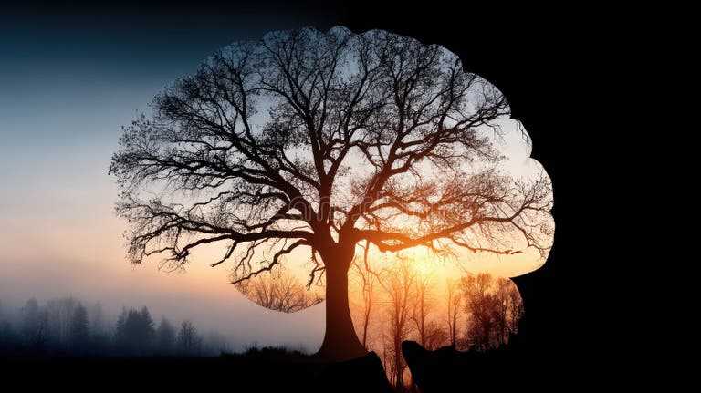 Tree Shaped Like Human Brain at Sunset, Symbolizing Growth and ...
