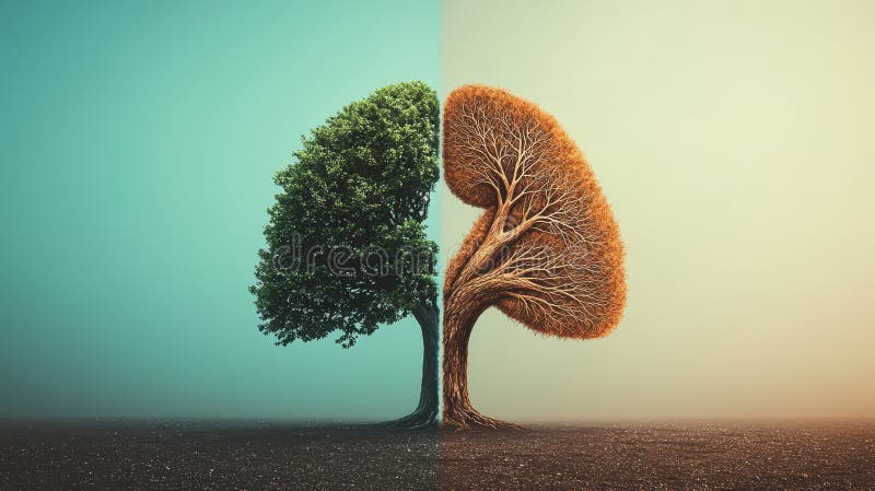 Tree in Human Shape Lungs Divided into Lush Green and Dry Barren Halves ...