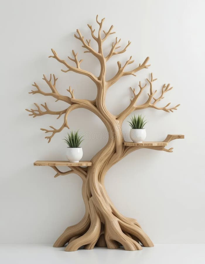 Tree Shaped Shelf with Potted Plants in White Interior Setting Stock ...