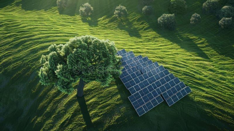 Tree-shaped Solar Panels in a Green Field, Representing Nature-inspired ...
