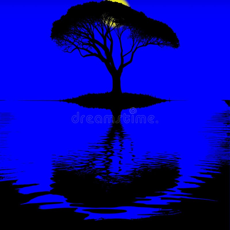 Tree Shilouette on Water with Sun Vector Stock Illustration ...