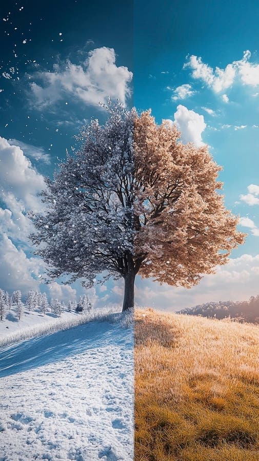 Tree Showing Winter on the Left with Snow and Autumn on the Right with ...