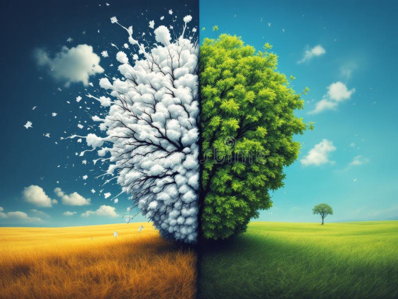 Tree Showing Winter on One Side and Spring on the Other, Embodying ...