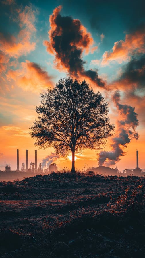 Tree Silhouette Against Industrial Factory at Sunset Stock Photo ...