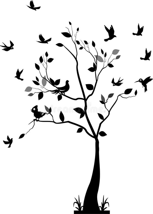 Tree Silhouette with Birds Flying and Bird in a Cage Stock Illustration ...