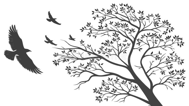 Tree Silhouette Birds Flying Nature Branches Sky, Vector Design ...
