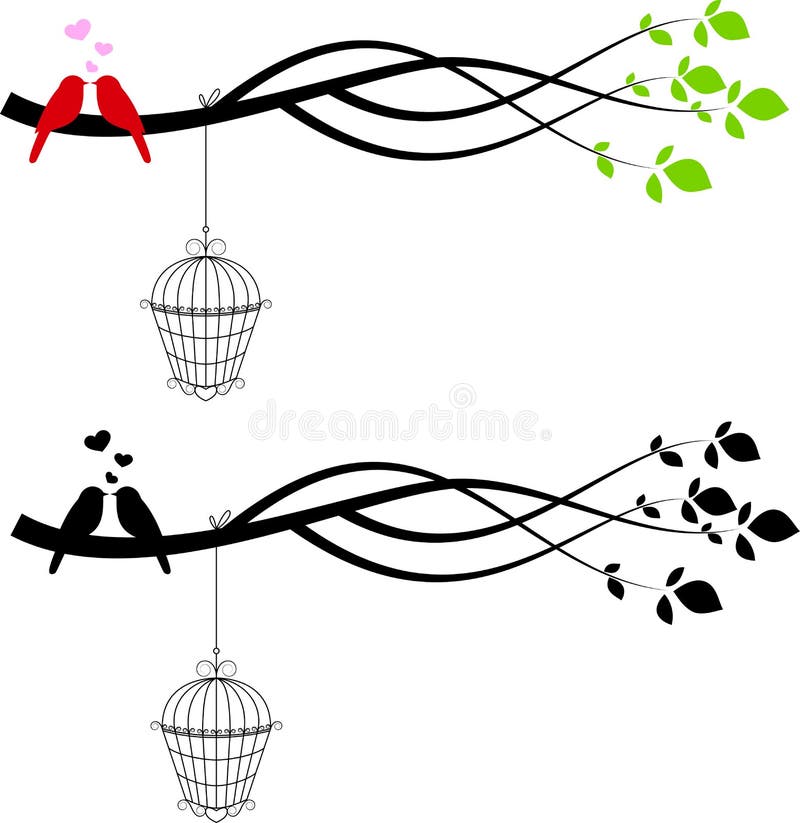 Tree Silhouette with Birds in Love Stock Illustration - Illustration of ...