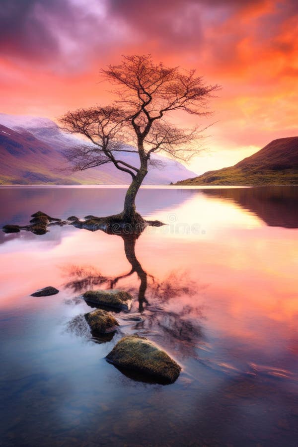 Tree Silhouette on a Calm Lake at Sunset Stock Illustration ...