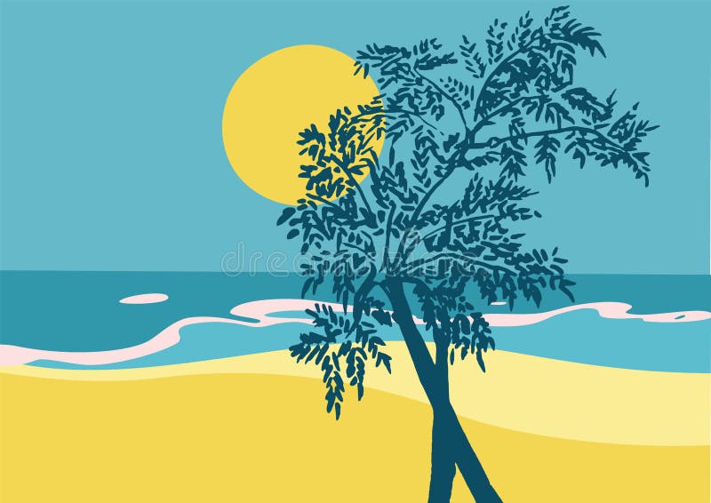Tree Silhouette at Colorful Sunset Beach Vector Stock Illustration ...