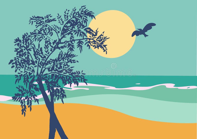 Tree Silhouette at Colorful Sunset Beach Vector Stock Illustration ...