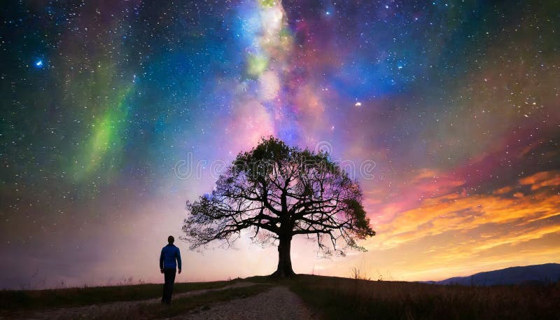 Tree Silhouette with Figure and Star Nebula Stock Illustration ...