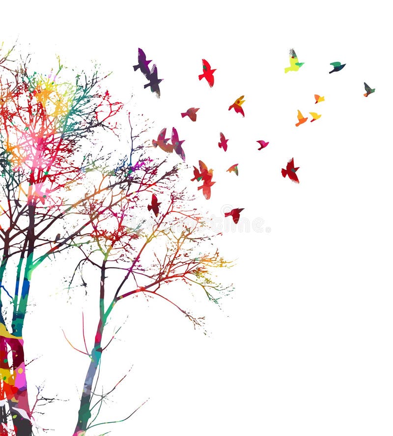Tree Silhouette and Flying Colored Birds. Hand Drawing Stock Photo ...
