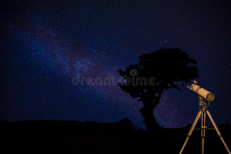 Tree Silhouette with Milky Way and Telescope Stock Image - Image of ...