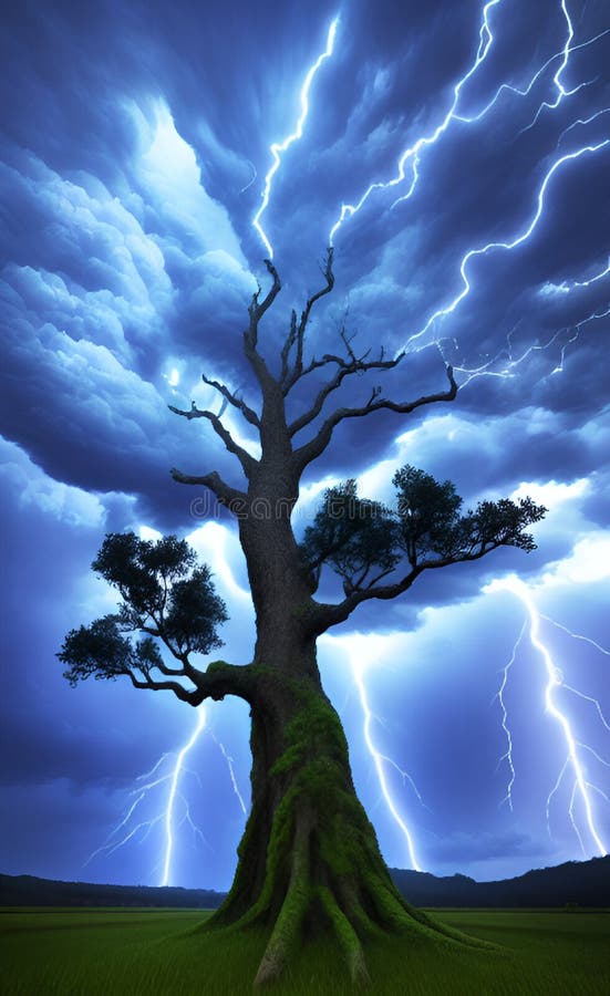 Tree Silhouette Night Thunderstorm Lightning Magic AI Generated Stock ...