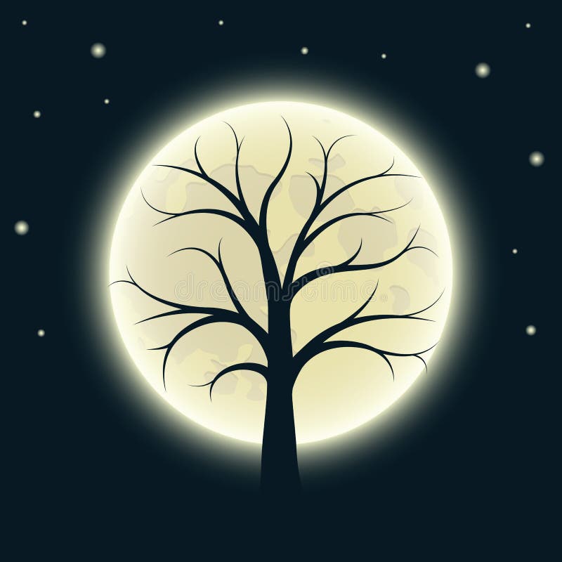 Midnight Moon With Tree Silhouette Stock Illustration - Illustration of ...
