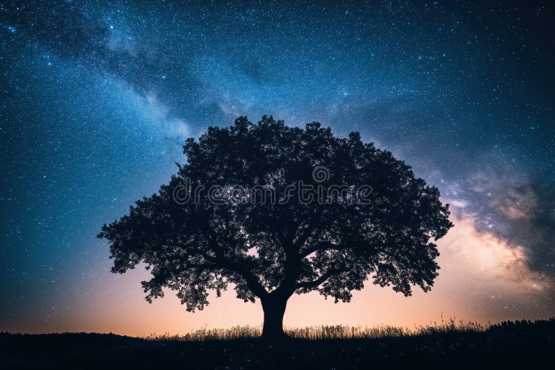 Tree Silhouette Under Starry Night and Milky Way Stock Photo - Image of ...