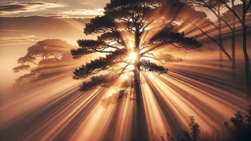 Tree Silhouettes with Soft Sun Rays Piercing through Stock Illustration ...