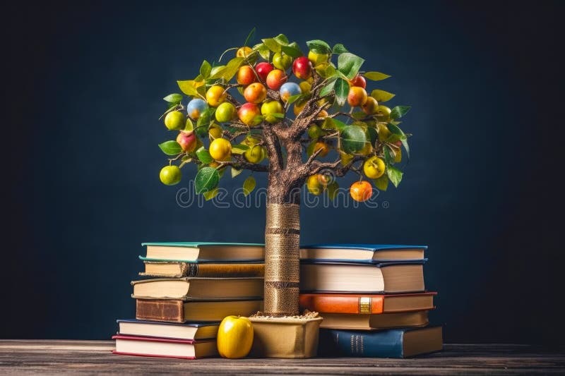 Tree that is Sitting on Top of Pile of Books and Apple. Generative AI ...