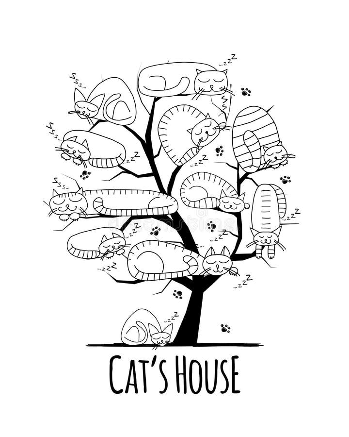 Cats Tree, Childish Style. Sketch for Your Design Stock Vector ...