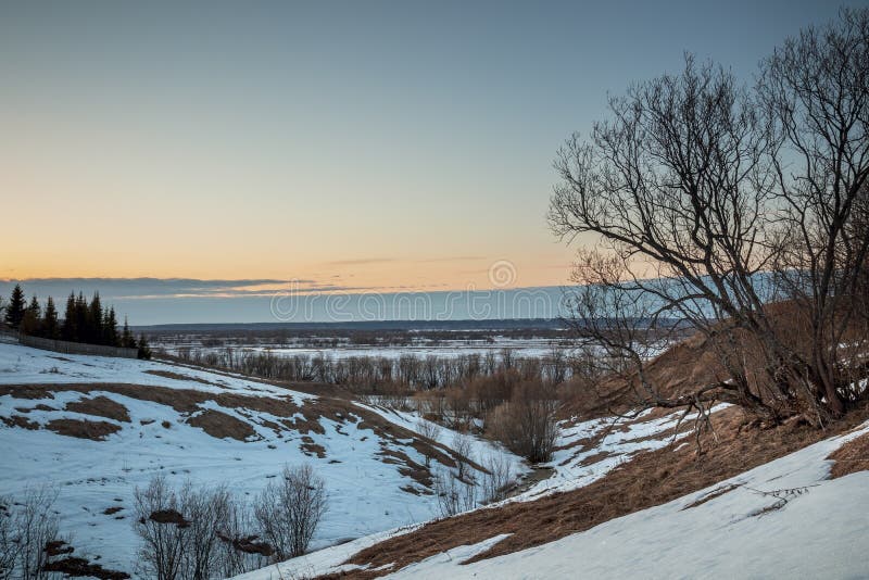 A Tree on the Slope of a Ravine with Dragging Snow at Sunset Stock ...