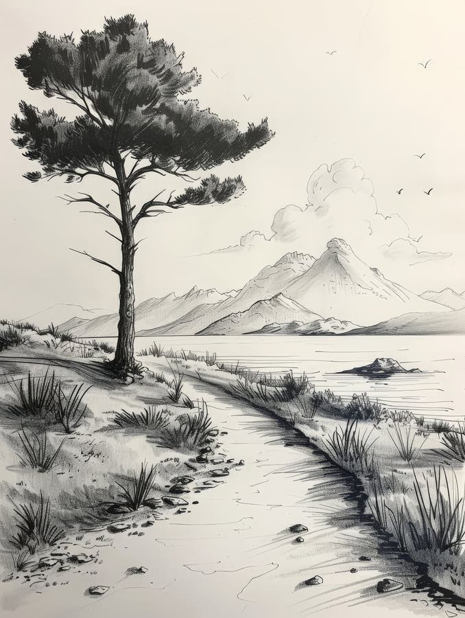 Tree in Snowy Landscape Drawing Stock Illustration - Illustration of ...