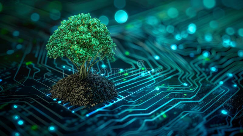 Tree with Soil Growing on the Converging Point of Computer Circuit ...