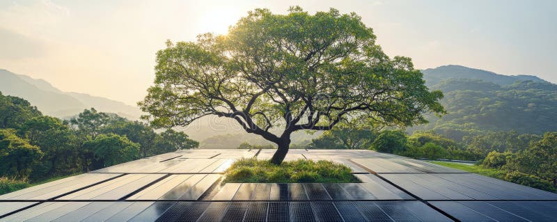Tree on a Solar Panel Rooftop with Mountains in the Background ...
