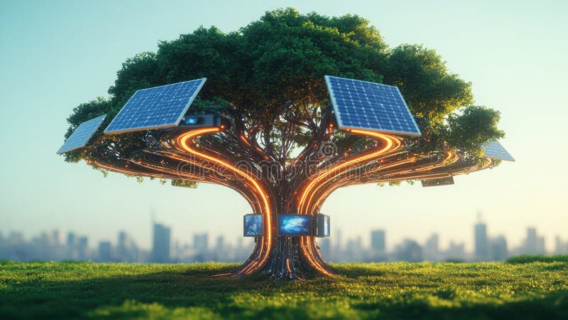 Tree with Solar Panels and Sensors on Its Branches Symbolizes the ...