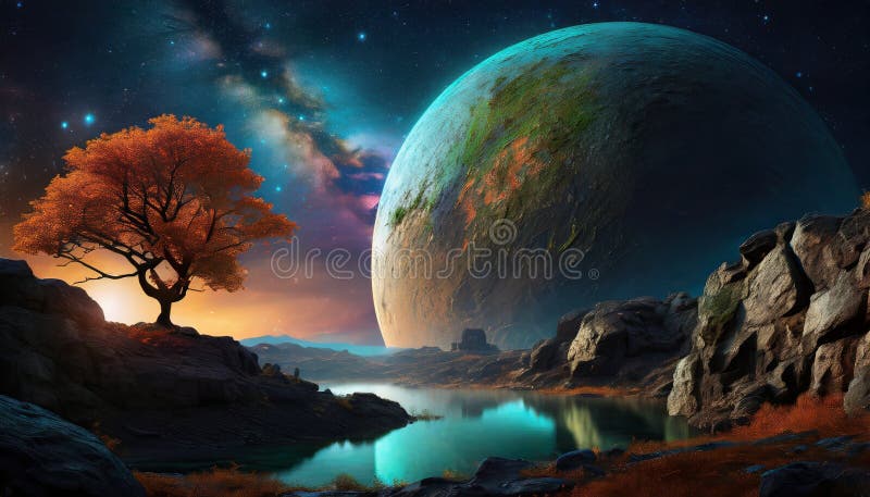 A Tree with a Space View of Other Planets Stock Illustration ...