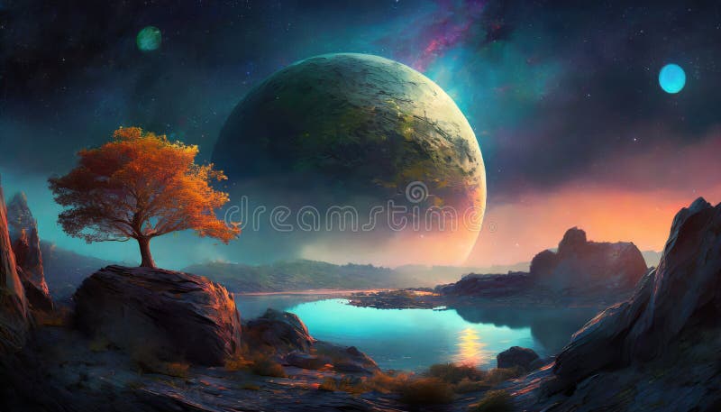 A Tree with a Space View of Other Planets Stock Illustration ...