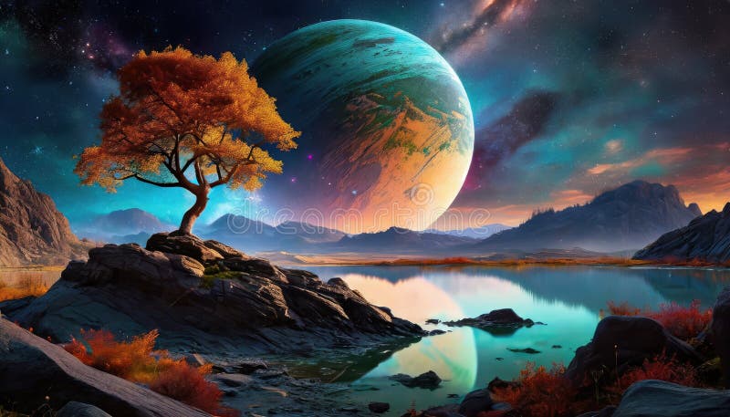 A Tree with a Space View of Other Planets Stock Illustration ...