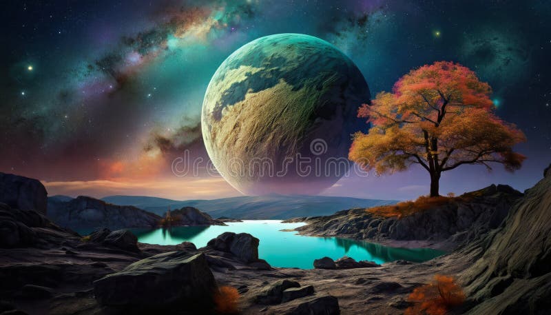 A Tree with a Space View of Other Planets Stock Illustration ...