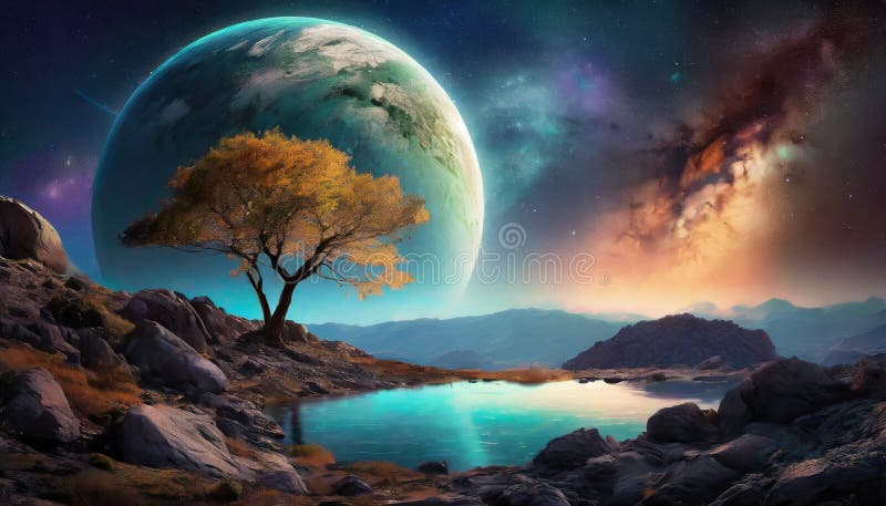 A Tree with a Space View of Other Planets Stock Illustration ...