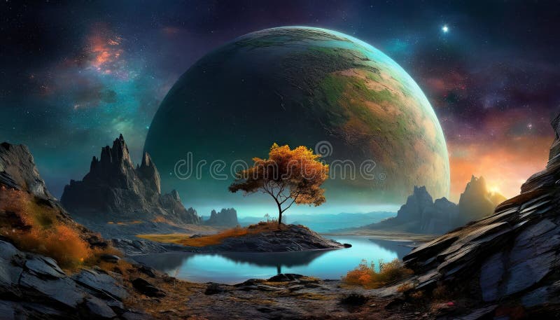 A Tree with a Space View of Other Planets Stock Illustration ...
