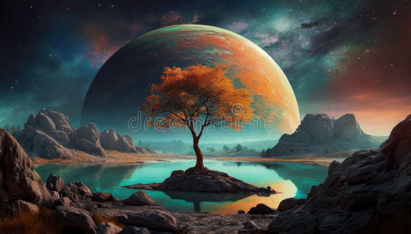 A Tree with a Space View of Other Planets Stock Illustration ...