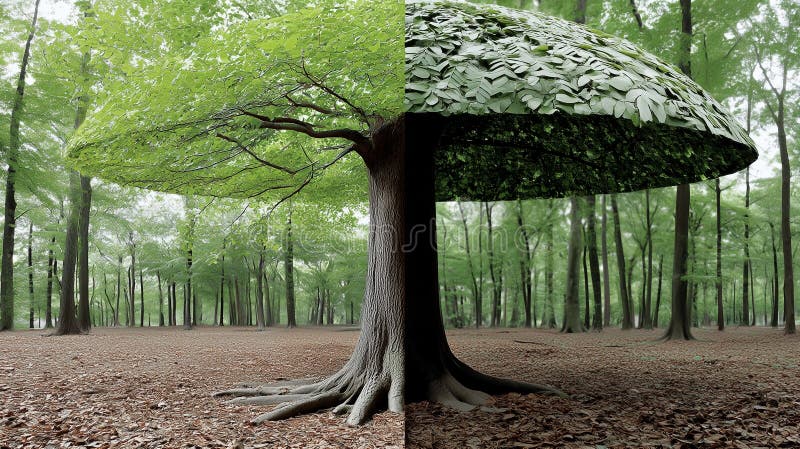 Tree with a Split Canopy, One Half Showing Typical Branches with Green ...