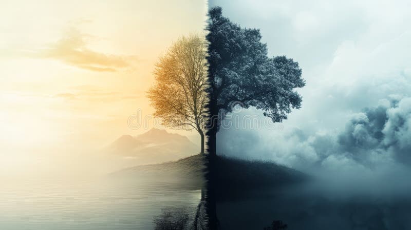 Tree Split between Day and Night Scene Stock Illustration ...