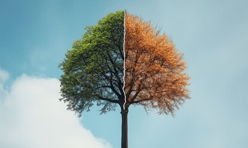 Tree Split in Half Showing Seasonal Change from Green To Orange Stock ...